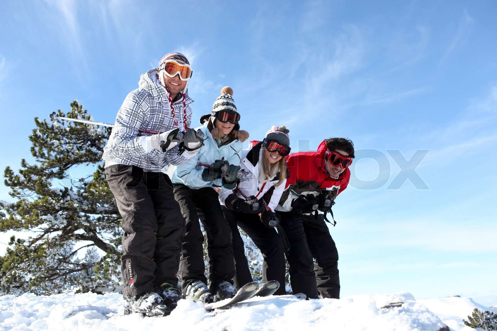 Four friends skiing together on holiday | Stock image | Colourbox