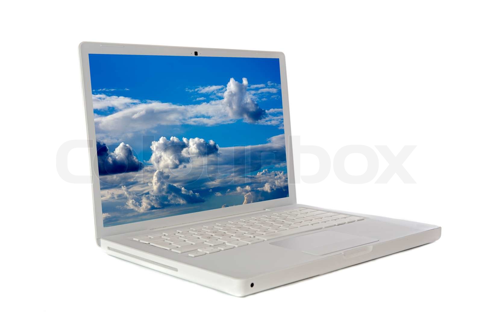 Laptop-Computer seitwärts mit Foto von Himmel und Wolken (mein Foto ...