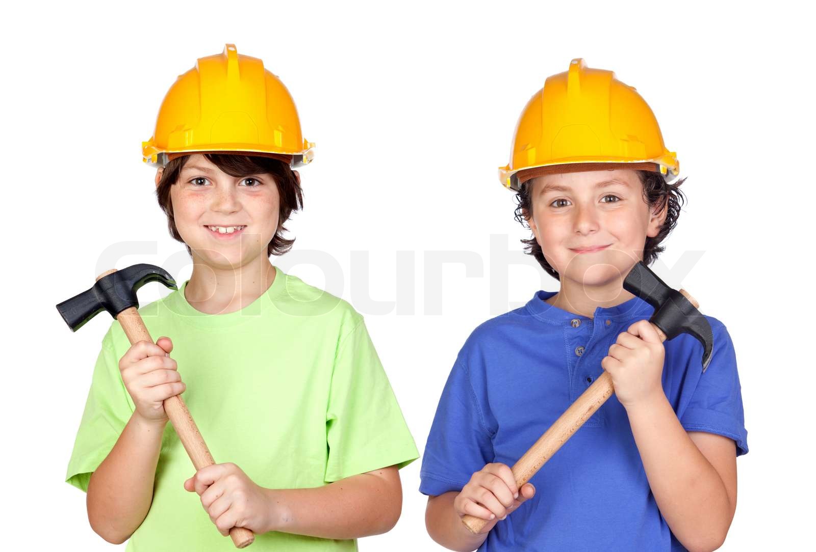 paar Kinder mit Helm und hammer | Stock Bild | Colourbox