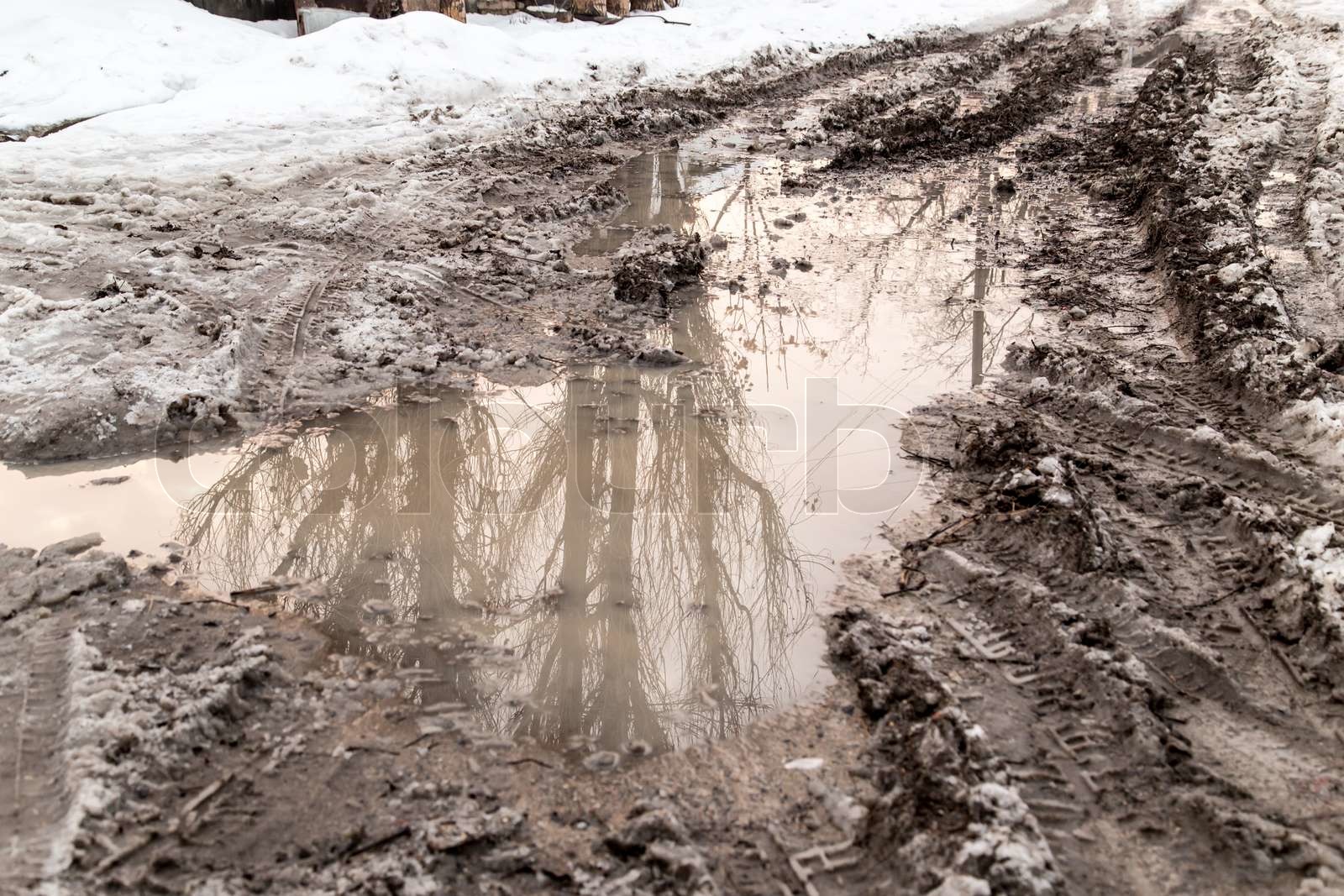 puddle on the road in winter | Stock image | Colourbox