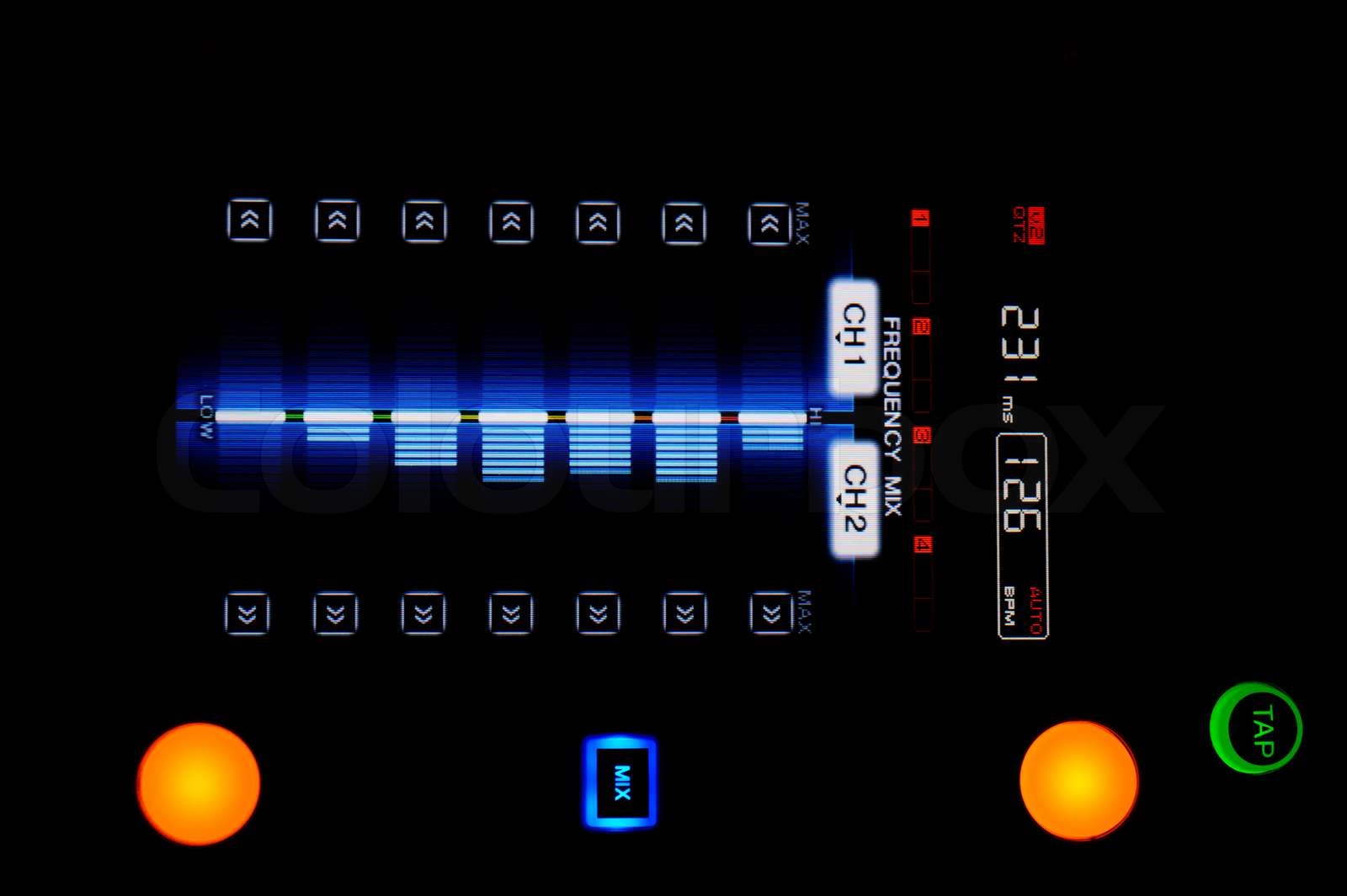 Illuminated electronic display on DJs deck | Stock image | Colourbox