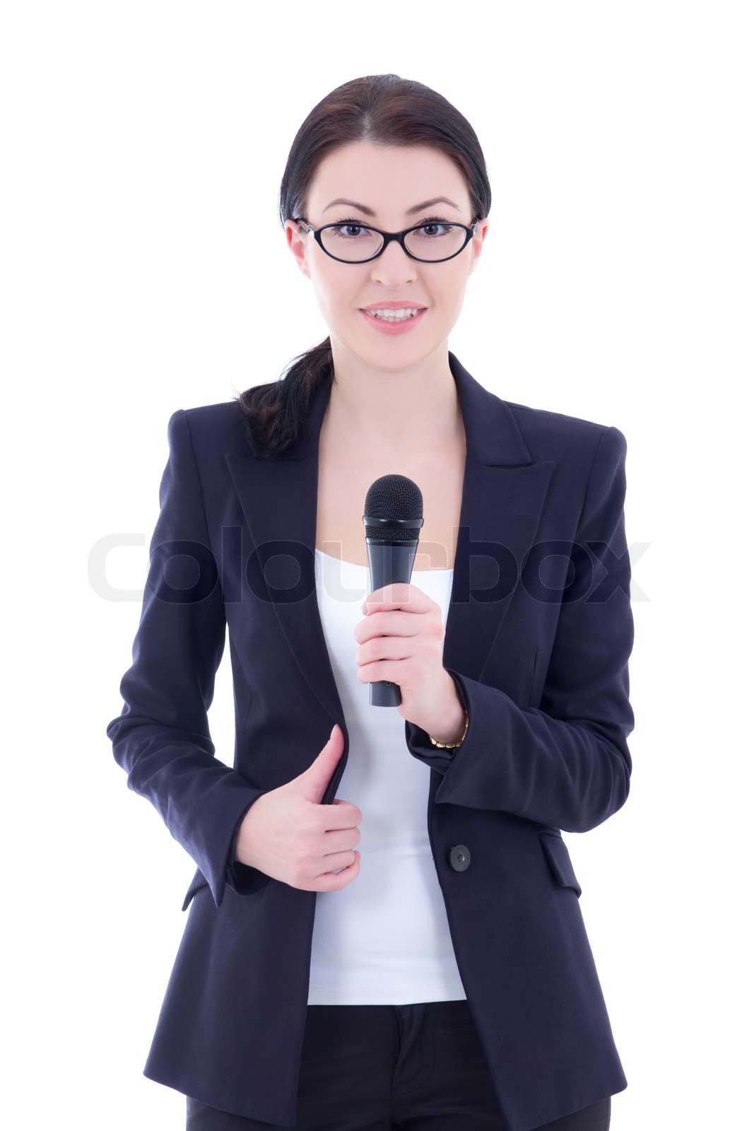 junge schöne Journalistin mit Mikrofon isoliert auf weiss | Stock Bild ...