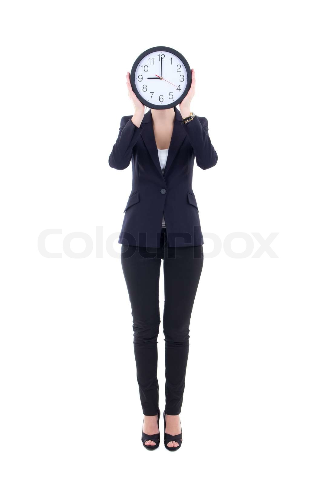 business woman with clock covering face isolated on white | Stock image ...
