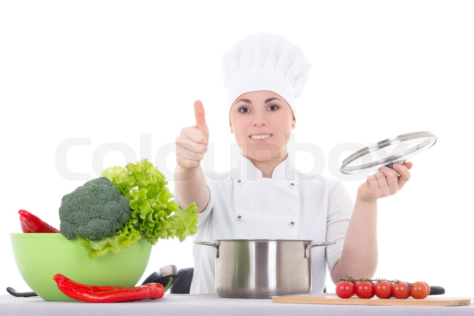 Porträt des jungen attraktiven Koch Frau in uniform Kochen isoliert auf ...