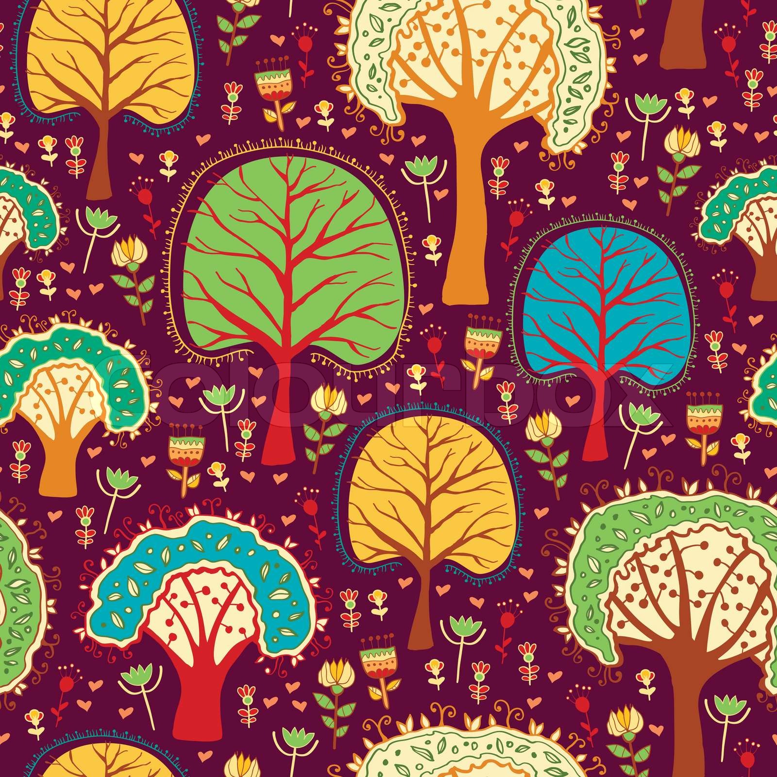 Forest wallpaper with cartoon trees | Stock vector | Colourbox