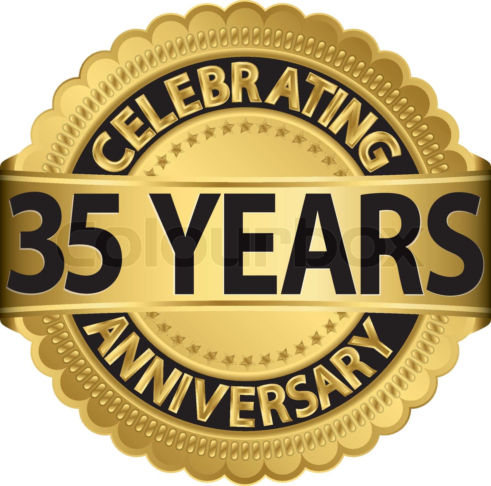 Celebrating 35 years anniversary golden label with ribbon, vector ...
