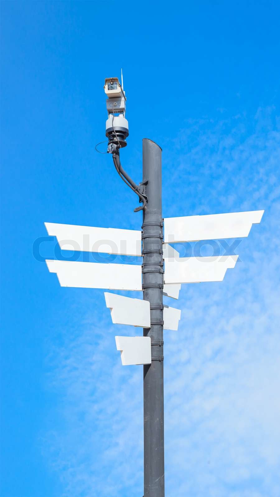 CCTV security camera wireless and blank signboard and blue sky | Stock ...