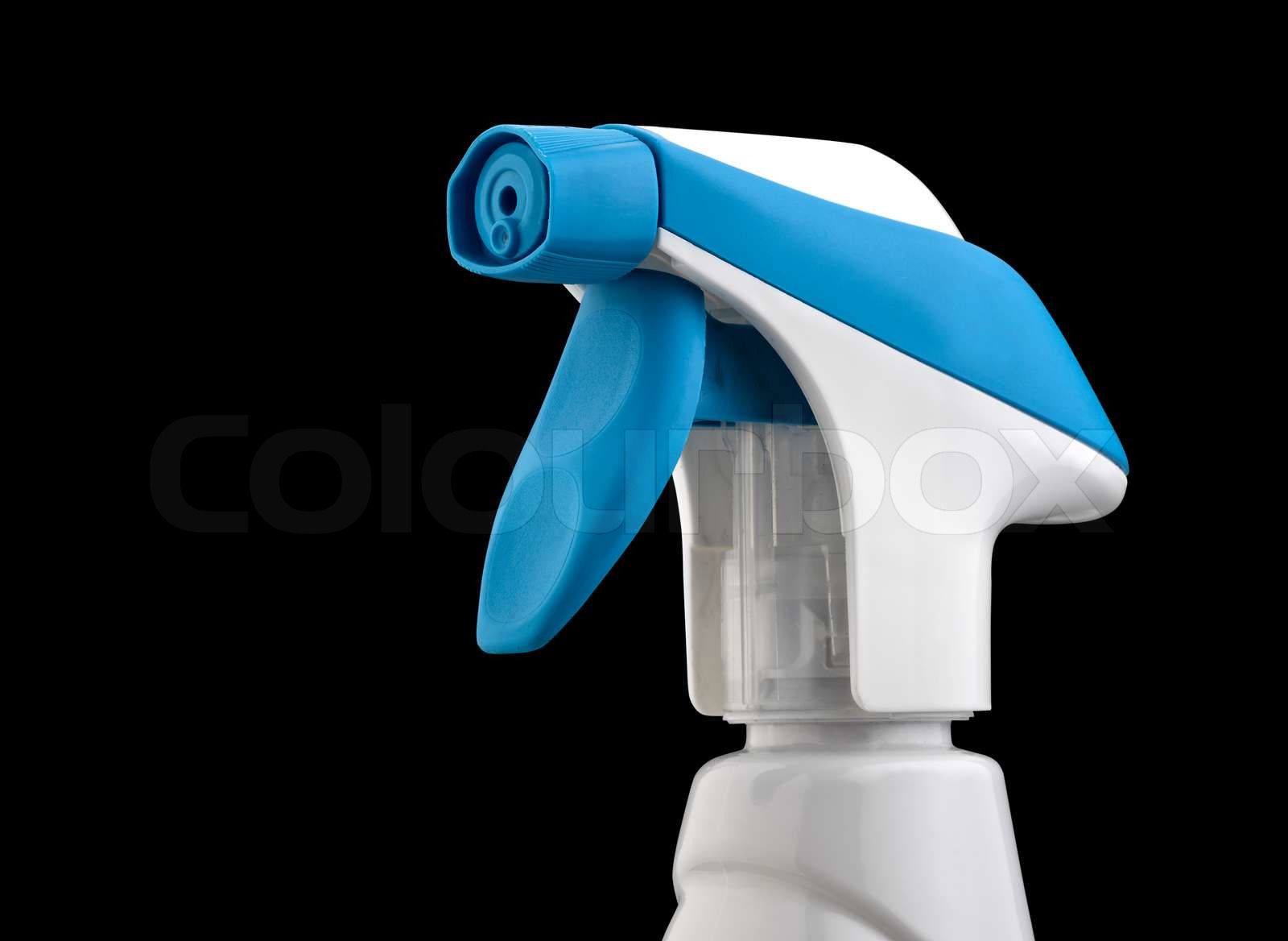 blue spray bottle against a black background | Stock image | Colourbox