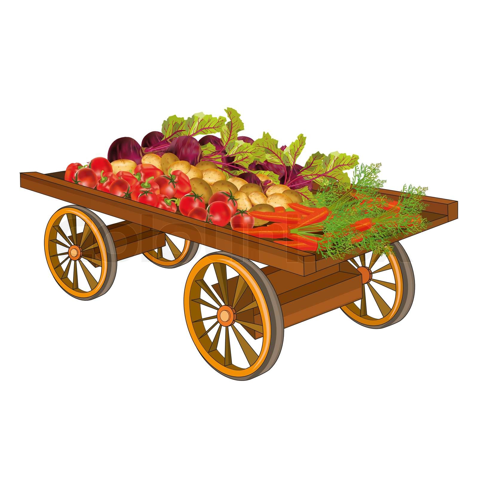 Wooden cart with harvest of vegetables | Stock vector | Colourbox