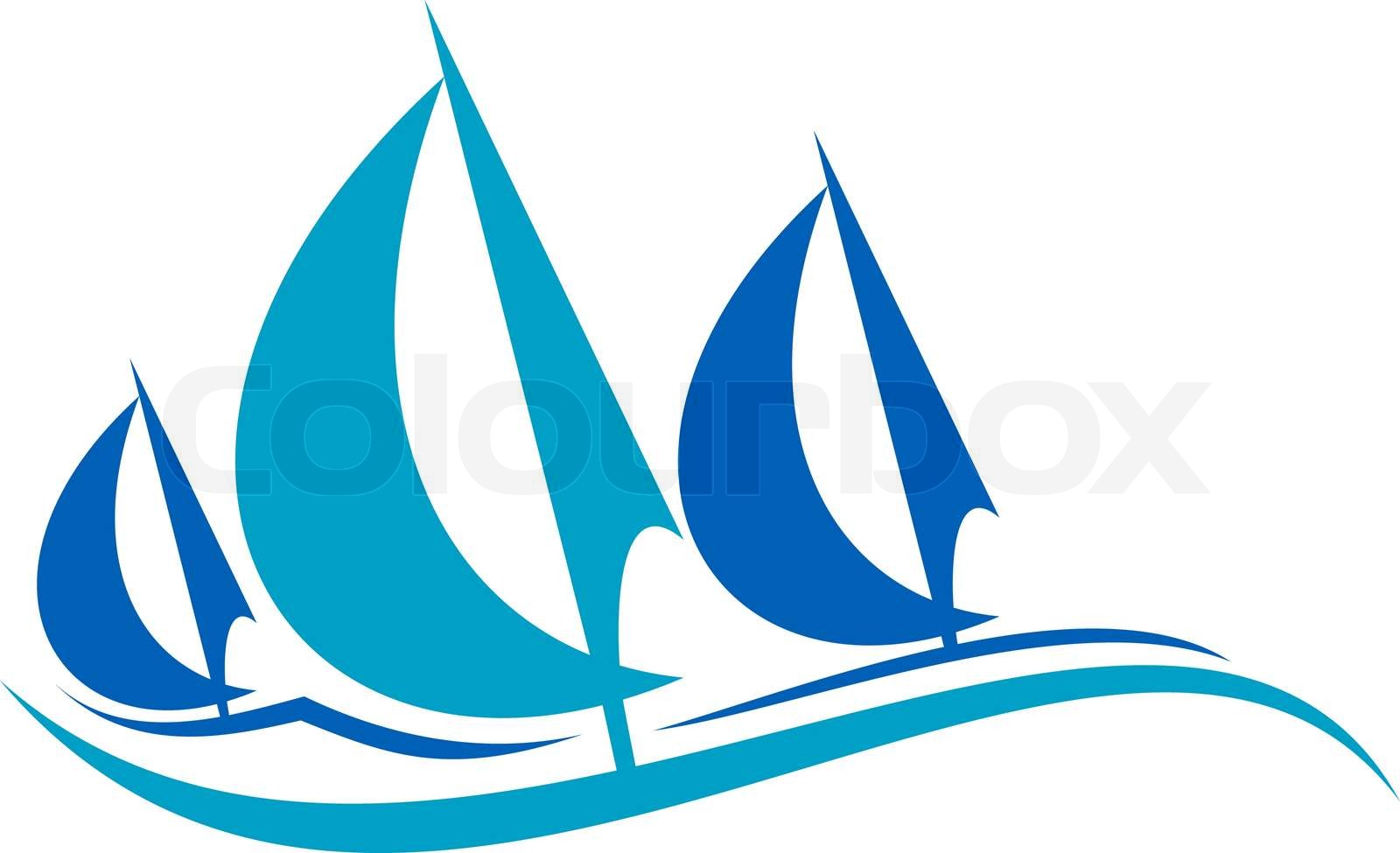 Stylized blue sailing boats upon the waves | Stock vector | Colourbox