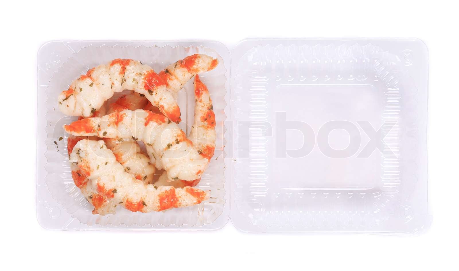 Boiled shrimp in plastic box. | Stock image | Colourbox