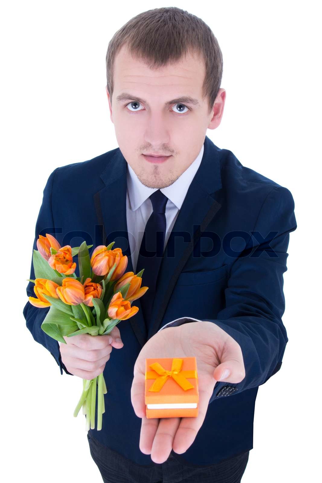 man holding gift box with wedding ring isolated on white | Stock image ...