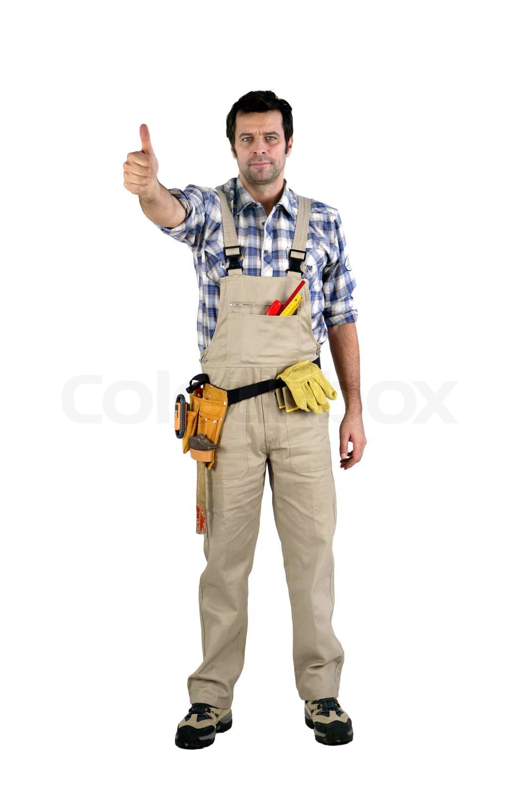 Handwerker in Arbeitskleidung vor weißem Hintergrund | Stock Bild ...