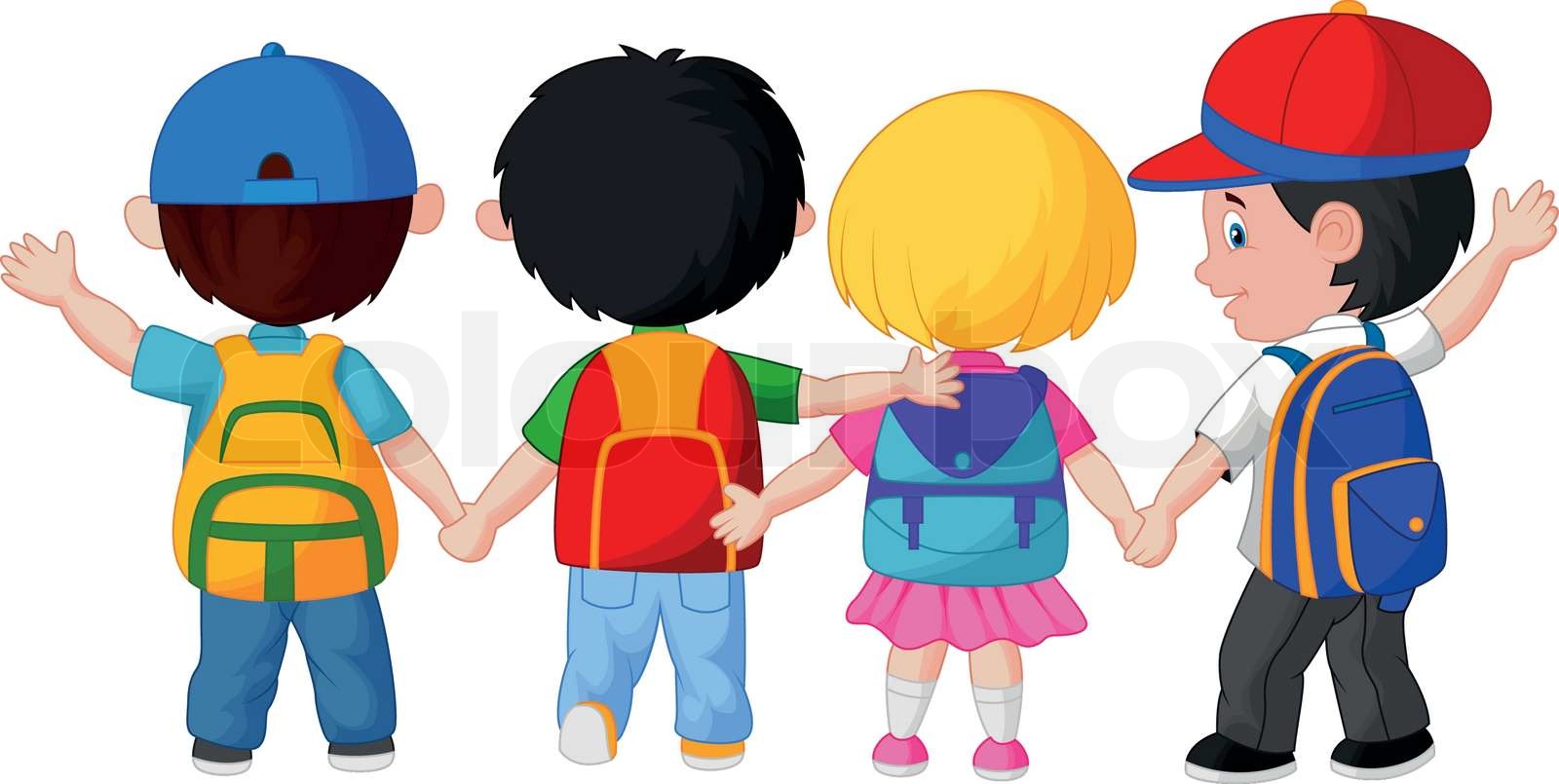 glückliche junge Kinder Cartoon gehen zusammen | Stock-Vektor | Colourbox