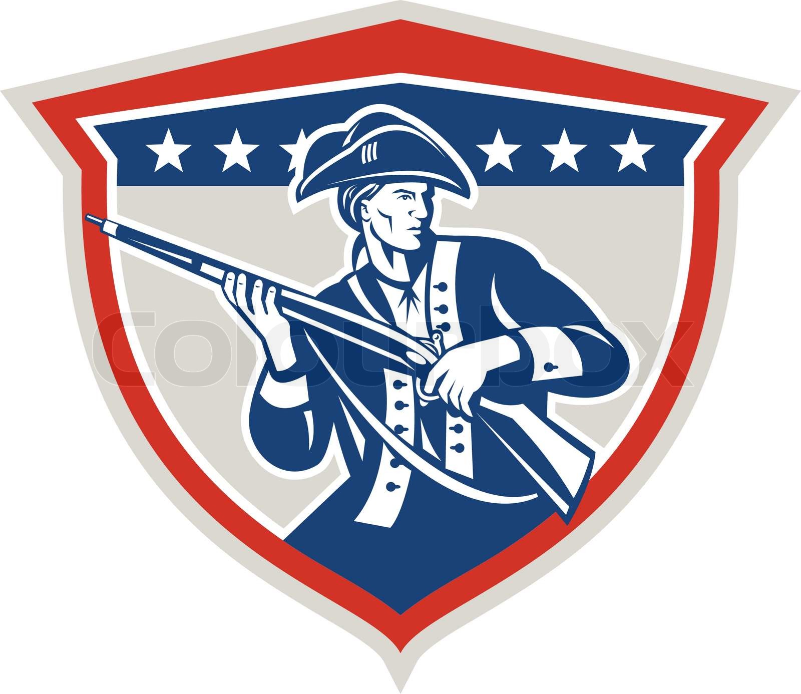 American Patriot Holding Musket Rifle Shield Retro | Stock vector ...