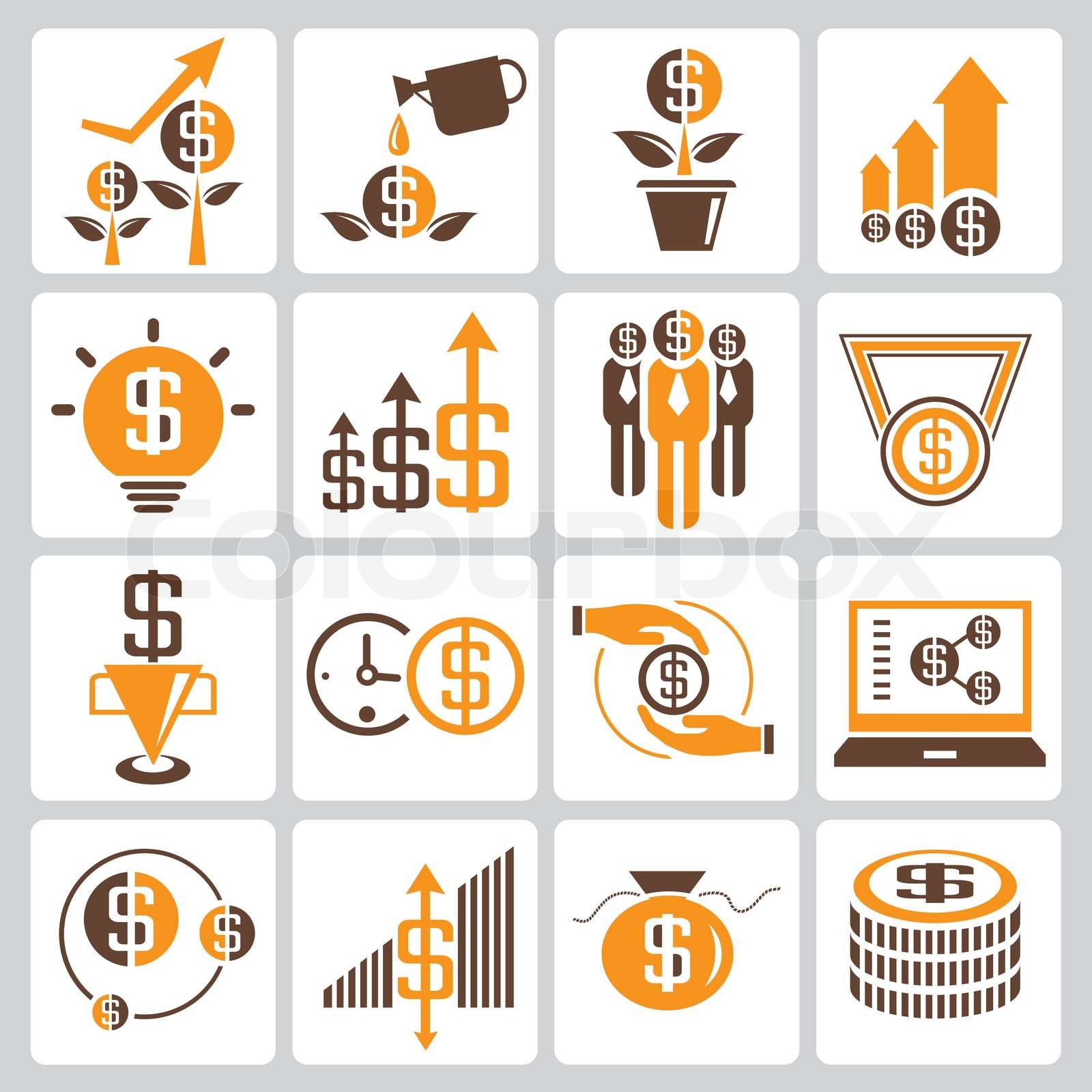 financial management icons set in brown and orange theme | Stock vector ...