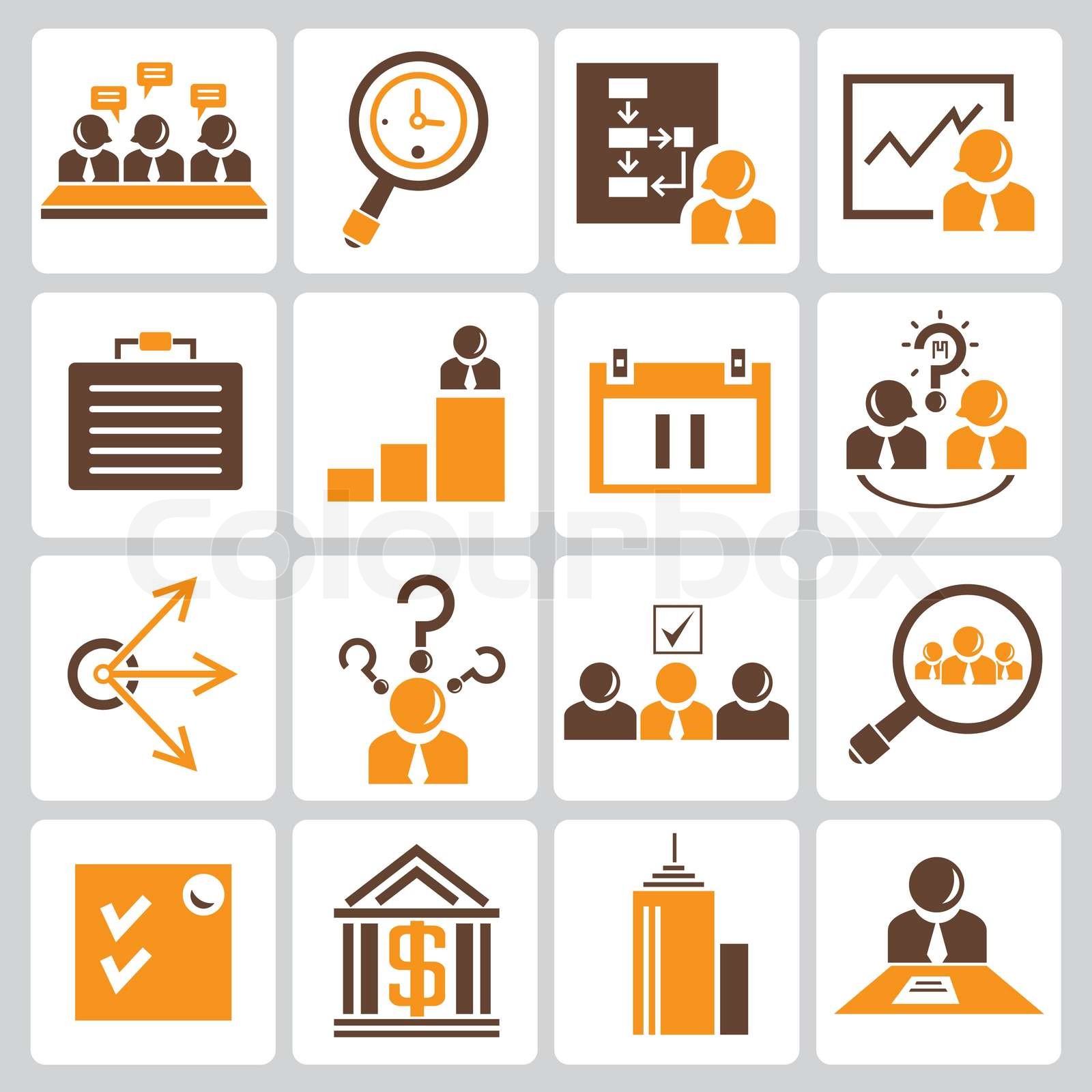 organization and business icons set in orange theme | Stock vector ...