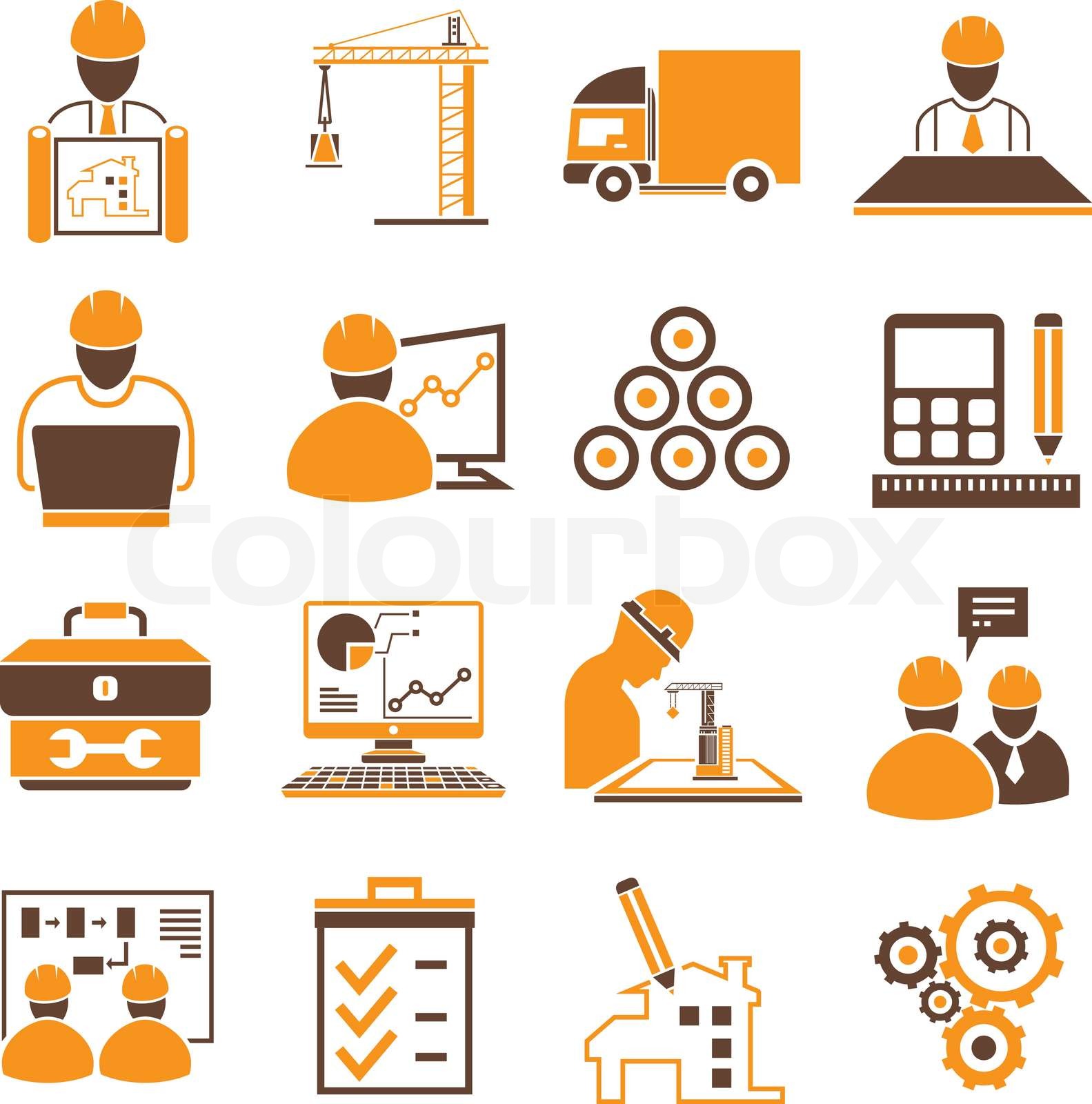 construction and engineering icons set in brown and orange theme ...