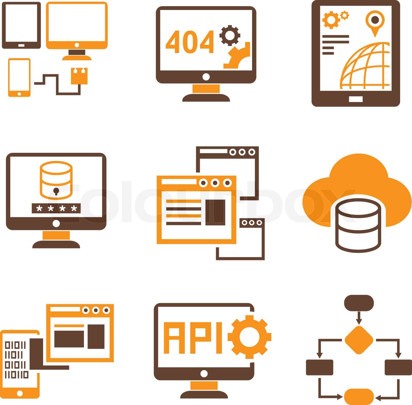Entwickler und Programmierung Icons set in braun und orange theme ...
