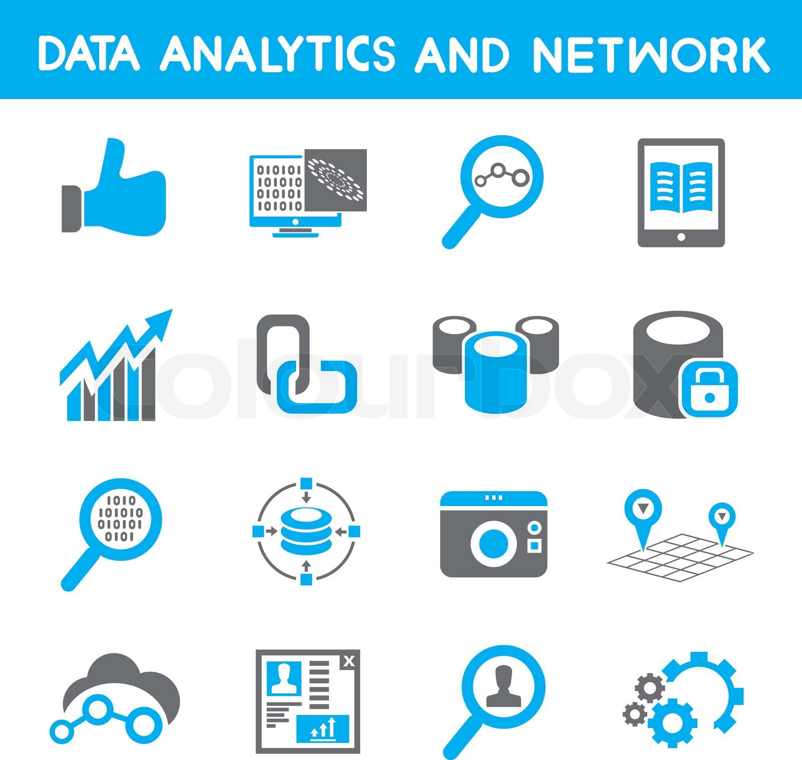 big data, data analytics and network icons in black and blue color ...