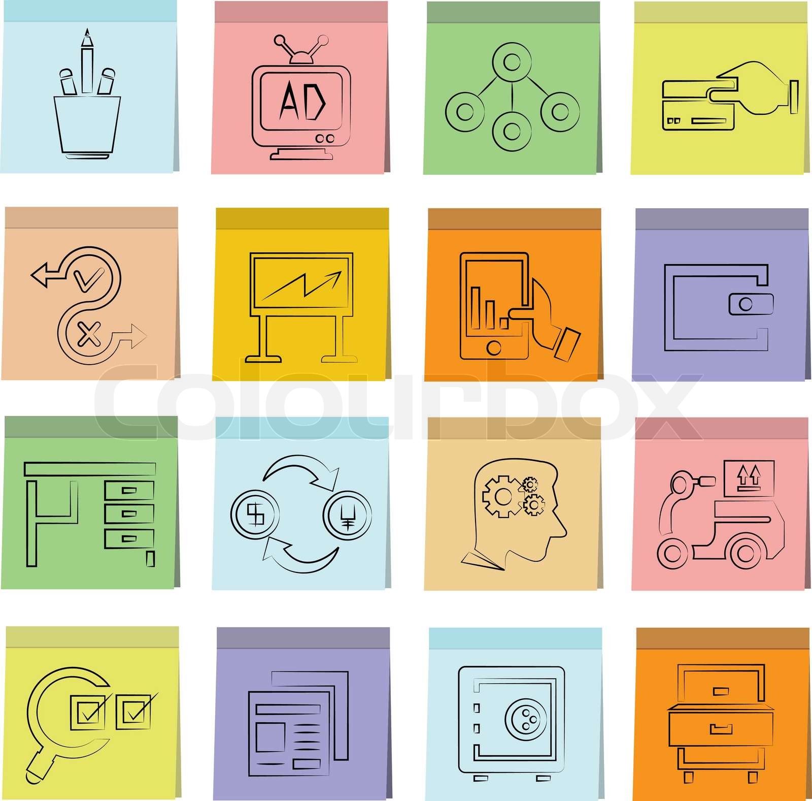 Skizze Werbe- und marketing-Icons auf bunte Notizzettel Papier-Satz ...