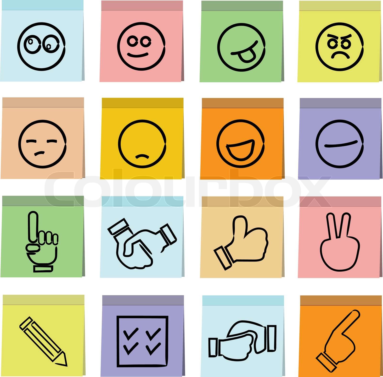 sketch emoticons in sticky note paper set | Stock vector | Colourbox