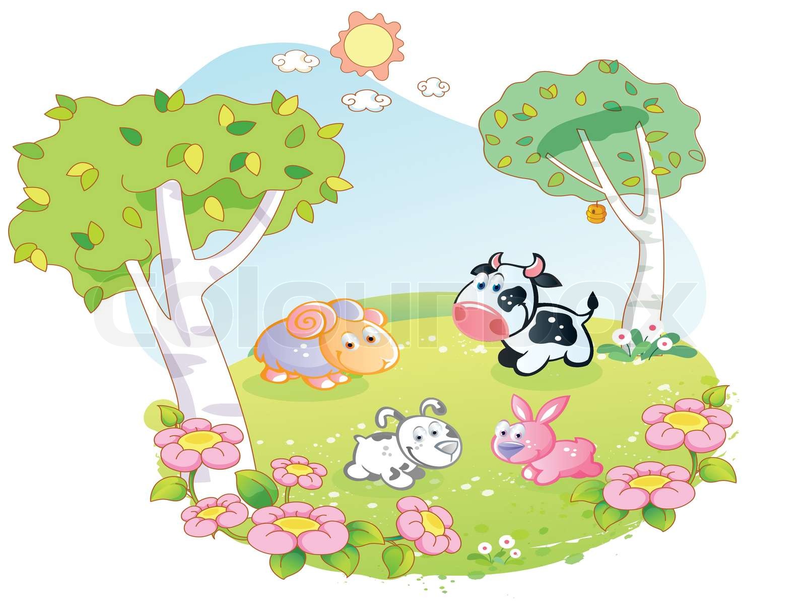 farm animals cartoon at the flower garden | Stock vector | Colourbox