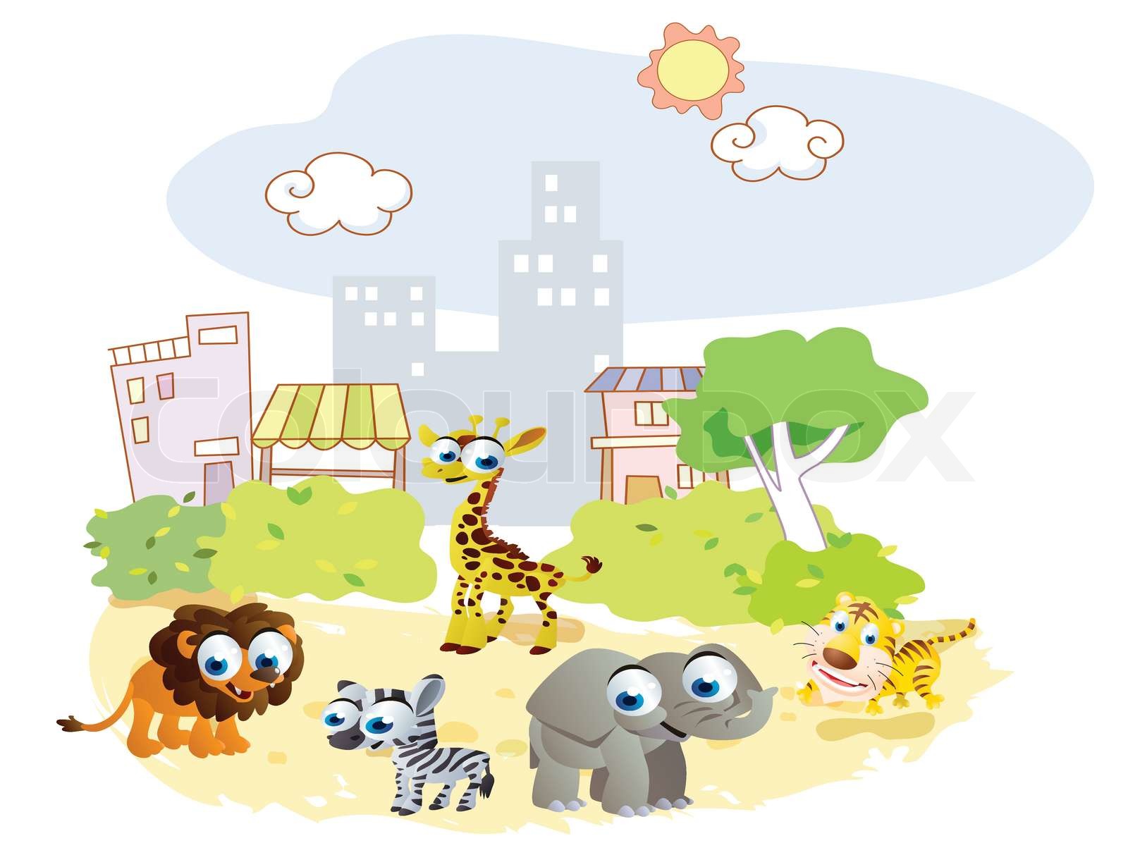 cartoon animals playing in the park city | Stock vector | Colourbox
