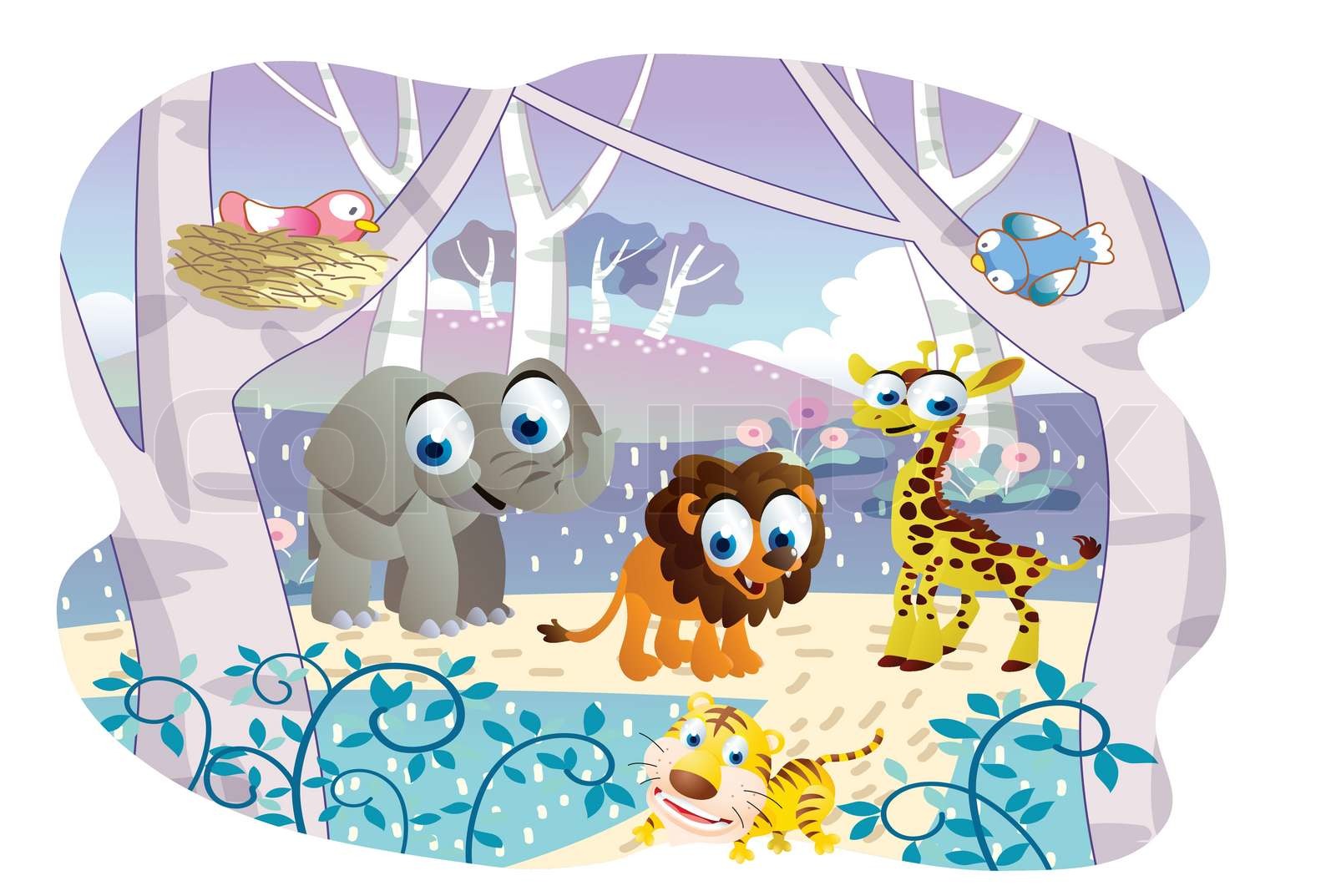 cartoon animals playing in a beautiful garden | Stock vector | Colourbox