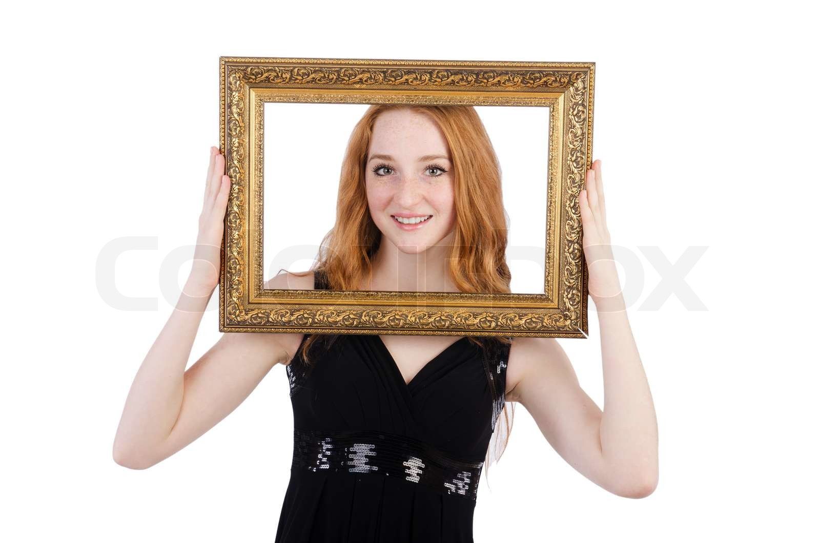 Woman with picture frame isolated on white | Stock image | Colourbox