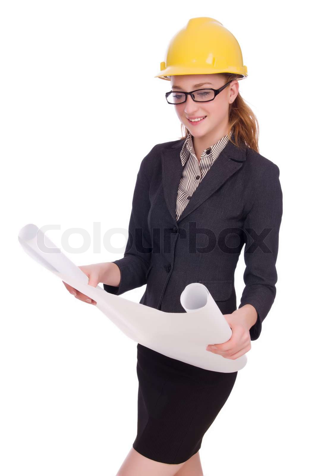 Young architect with drawings on white | Stock image | Colourbox