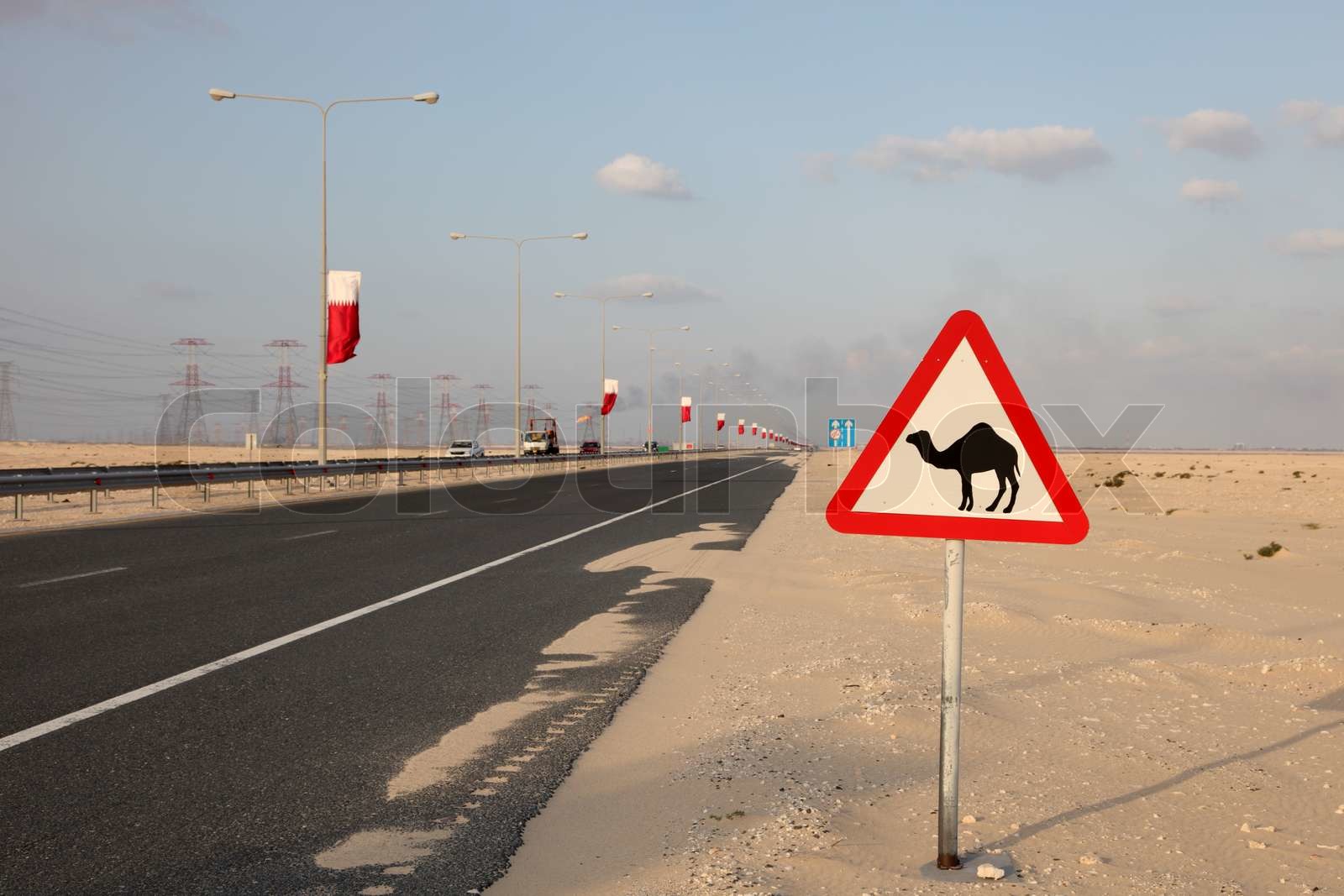 Camel warning sign at the highway in Qatar, Middle East | Stock image ...