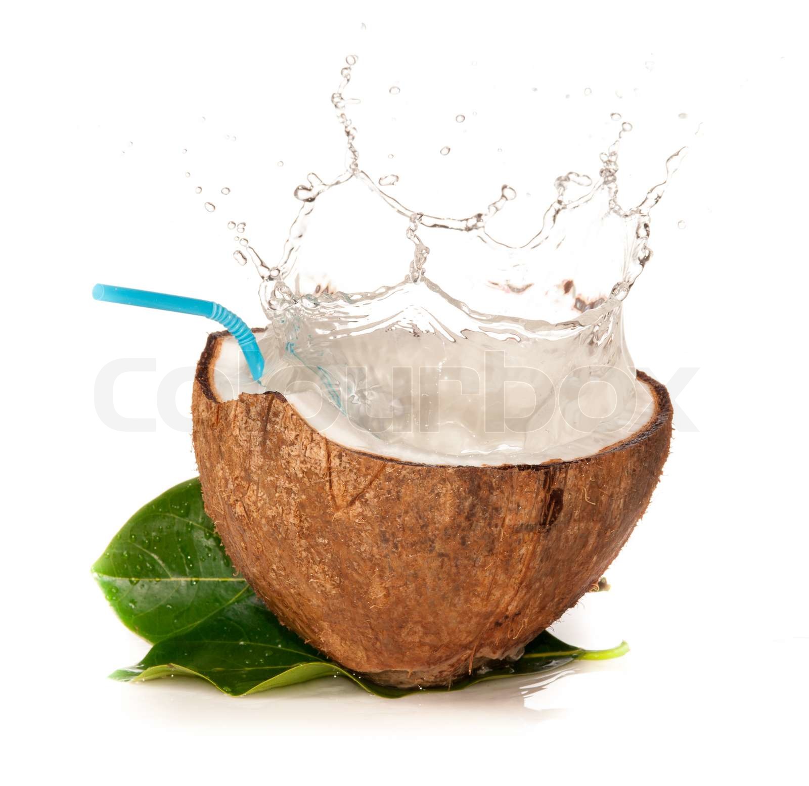 Coconut with water splash over white | Stock image | Colourbox