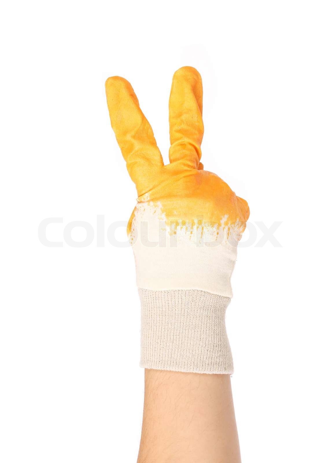 Hand in rubber glove shows two. | Stock image | Colourbox