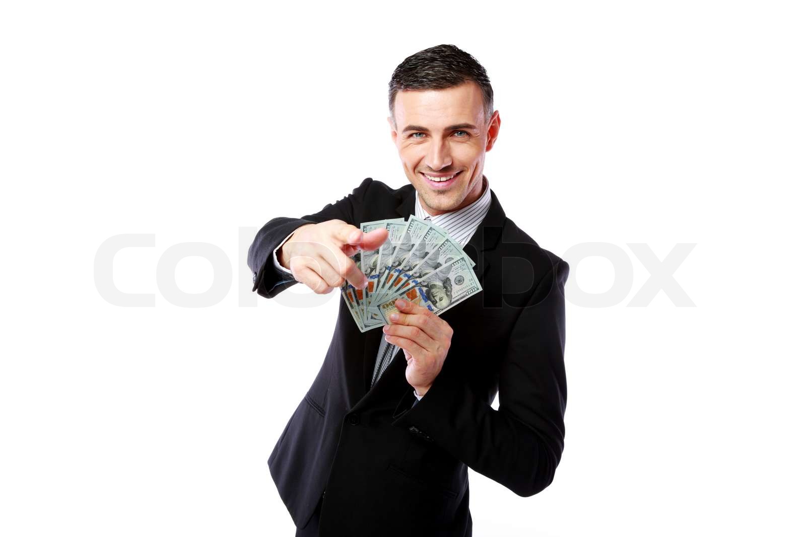reicher Geschäftsmann isoliert halten uns Dollar und zeigt Sie auf ...
