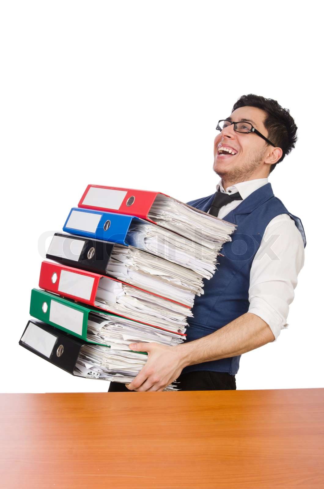 Funny man with lots of folders on white | Stock image | Colourbox