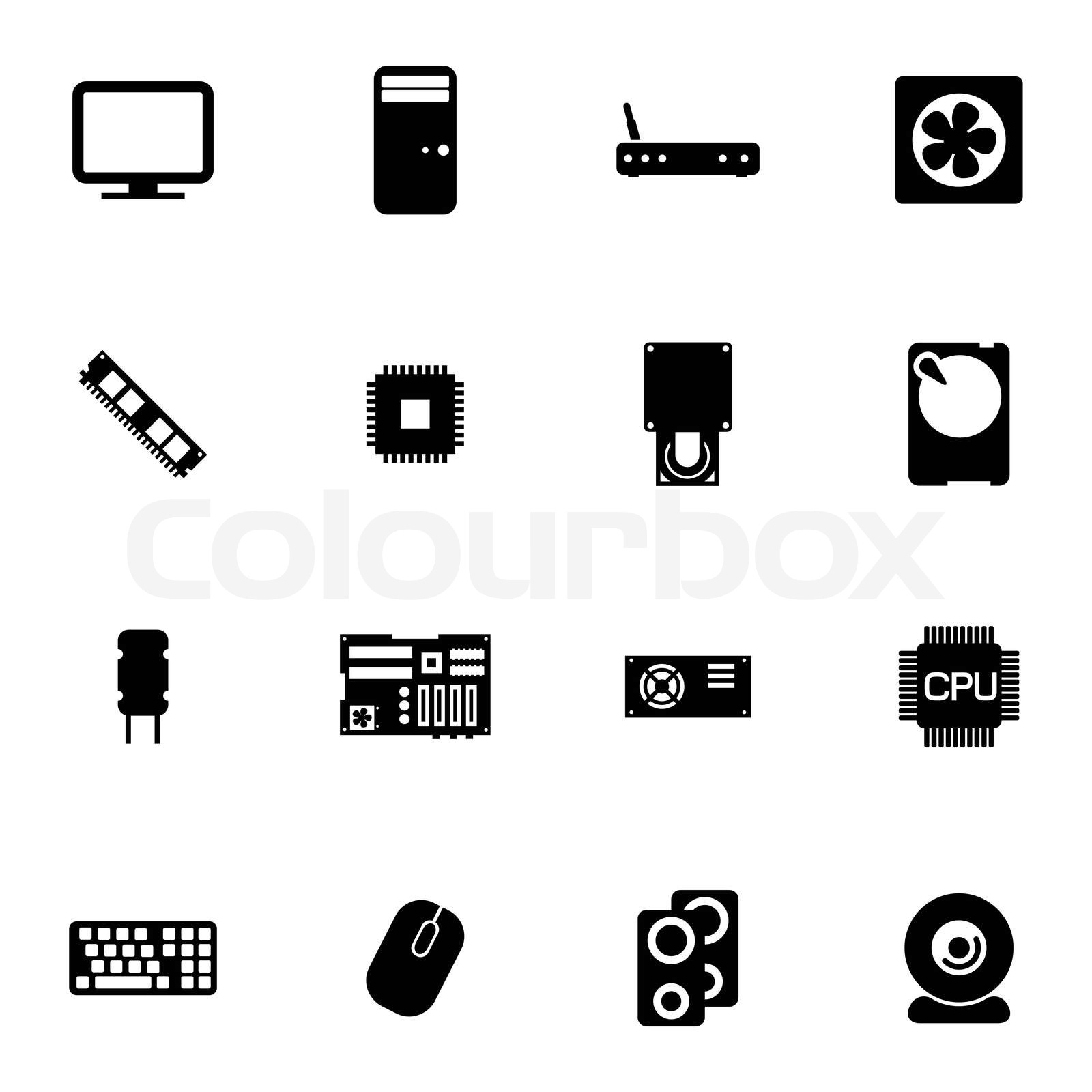 Vector black PC components icons set | Stock vector | Colourbox