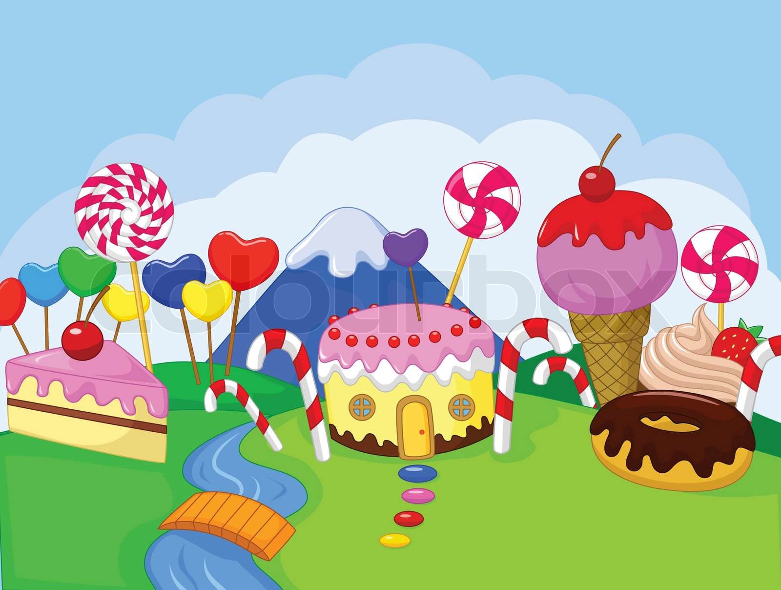 Happy children cartoon in the fantasy sweet land | Stock vector | Colourbox