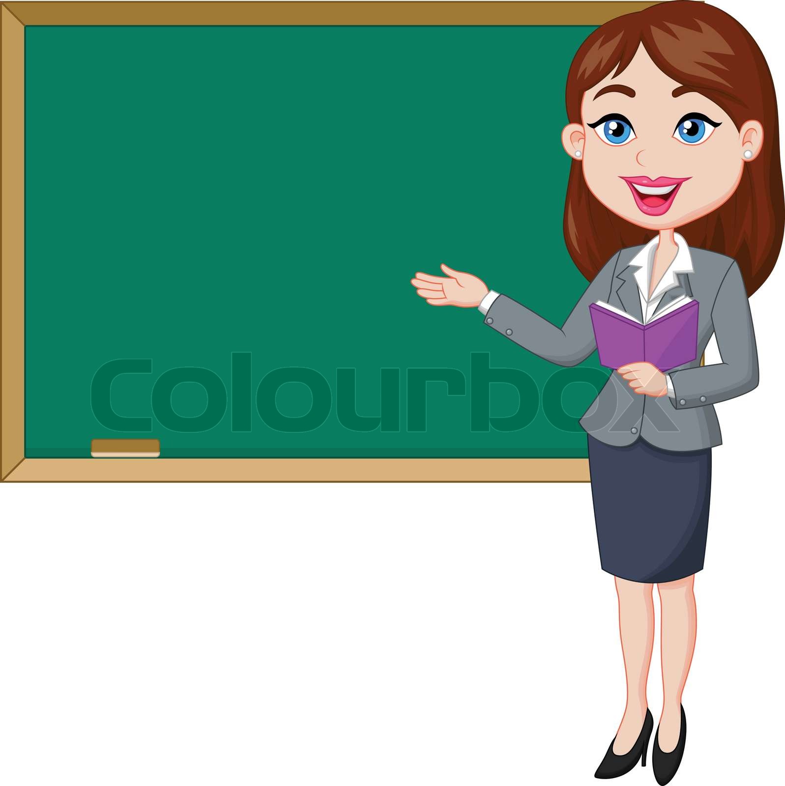 "Cartoon female teacher standing next to a blackboard" | Stock vector ...