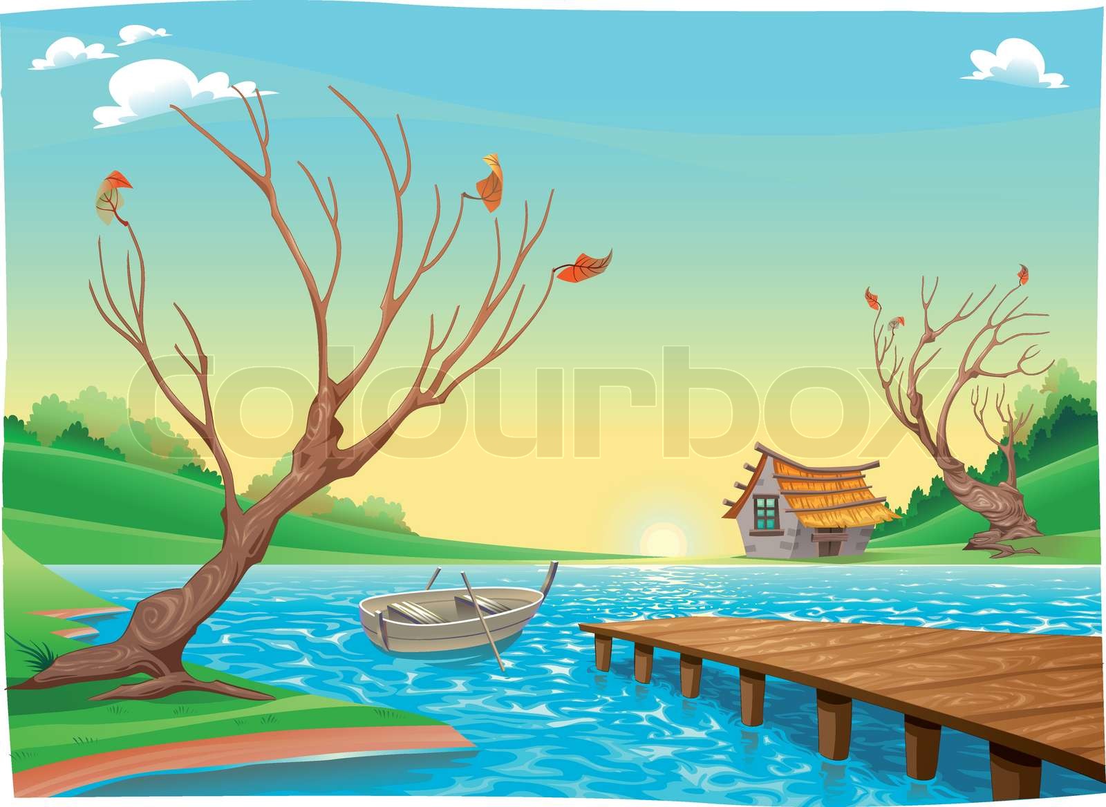 Lake with boat. | Stock vector | Colourbox