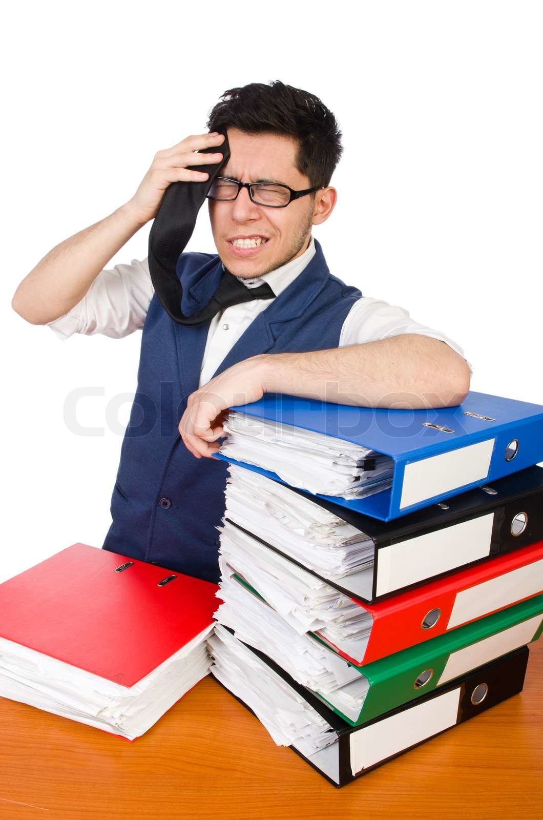 Funny man with lots of folders on white | Stock image | Colourbox