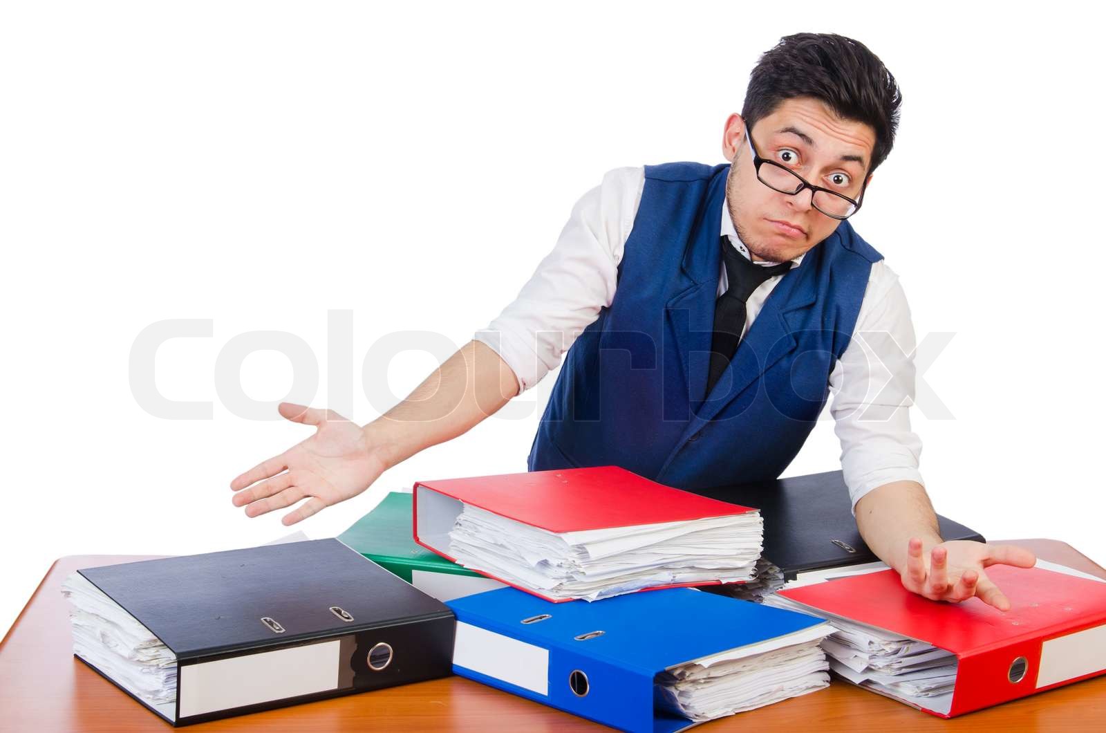 Funny man with lots of folders on white | Stock image | Colourbox