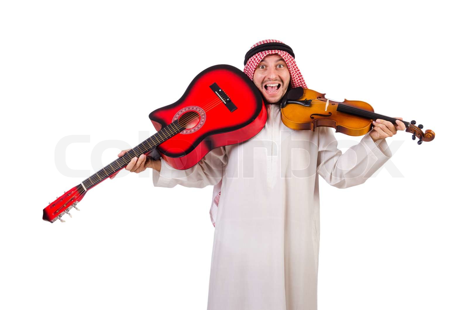 Arab musician with violin and guitar isolated on white | Stock image ...