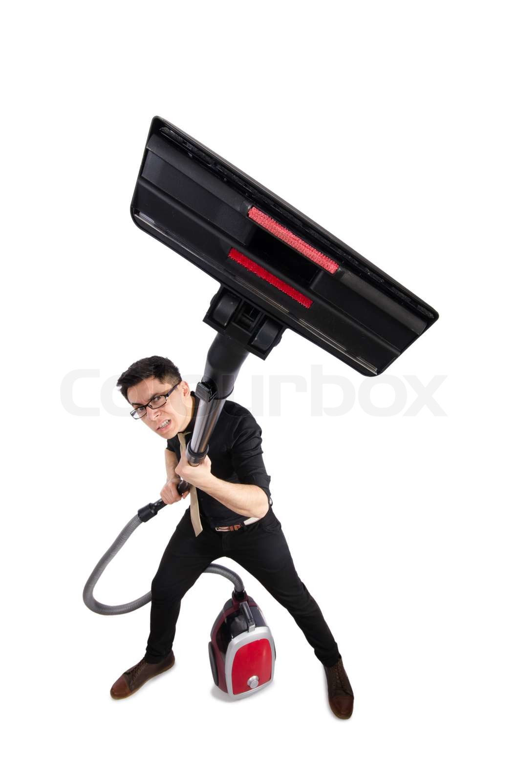 Man with vacuum cleaner isolated on white | Stock image | Colourbox