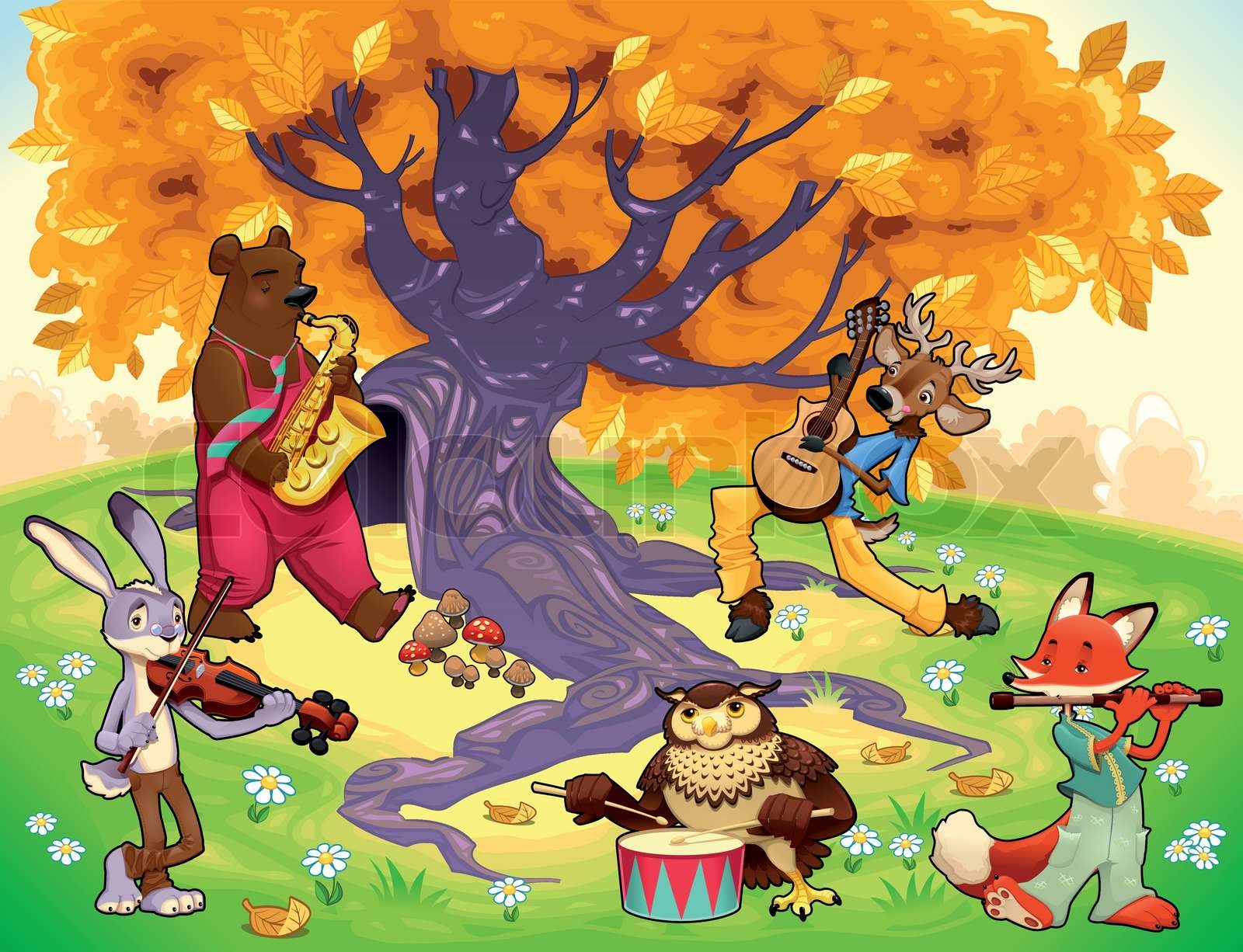 Musician animals in a natural landscape. | Stock vector | Colourbox