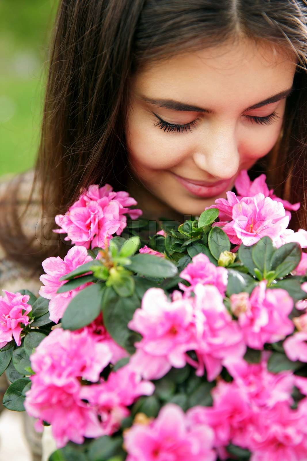 Young woman smelling pink flowers | Stock image | Colourbox