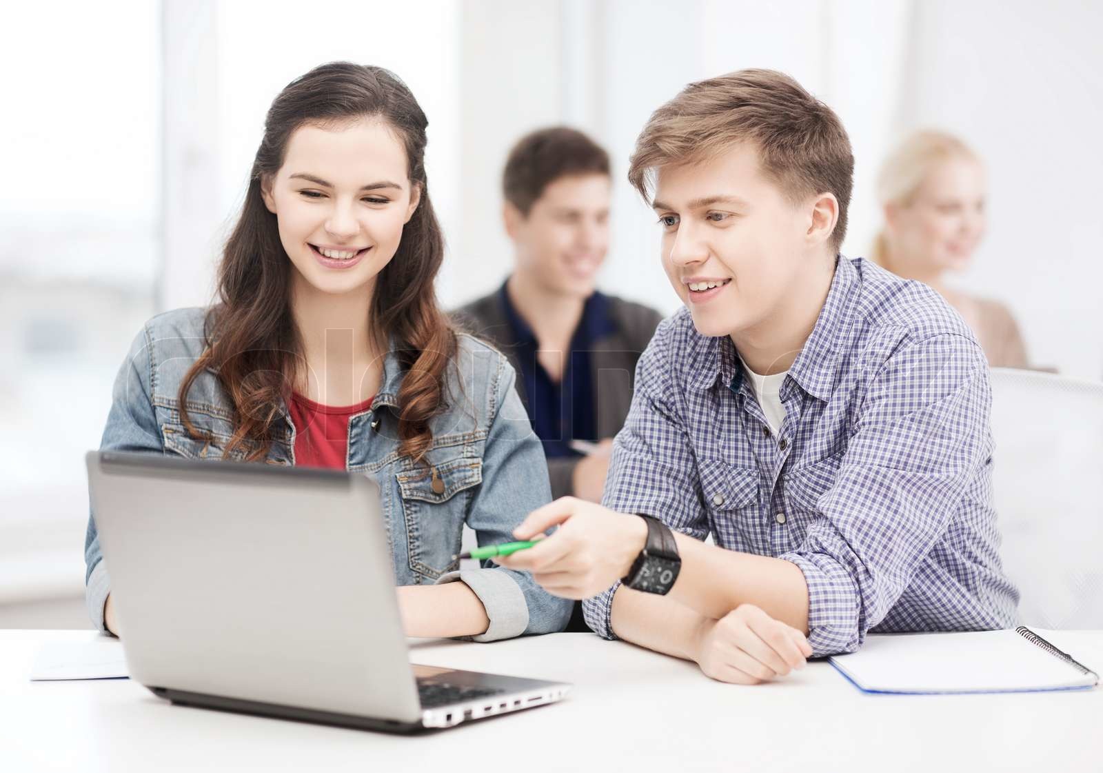 students with laptop and notebooks at school | Stock image | Colourbox
