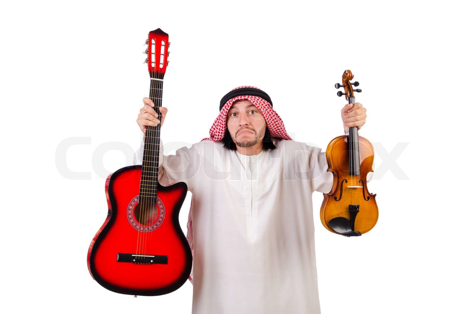Arab musician with violin and guitar isolated on white | Stock image ...