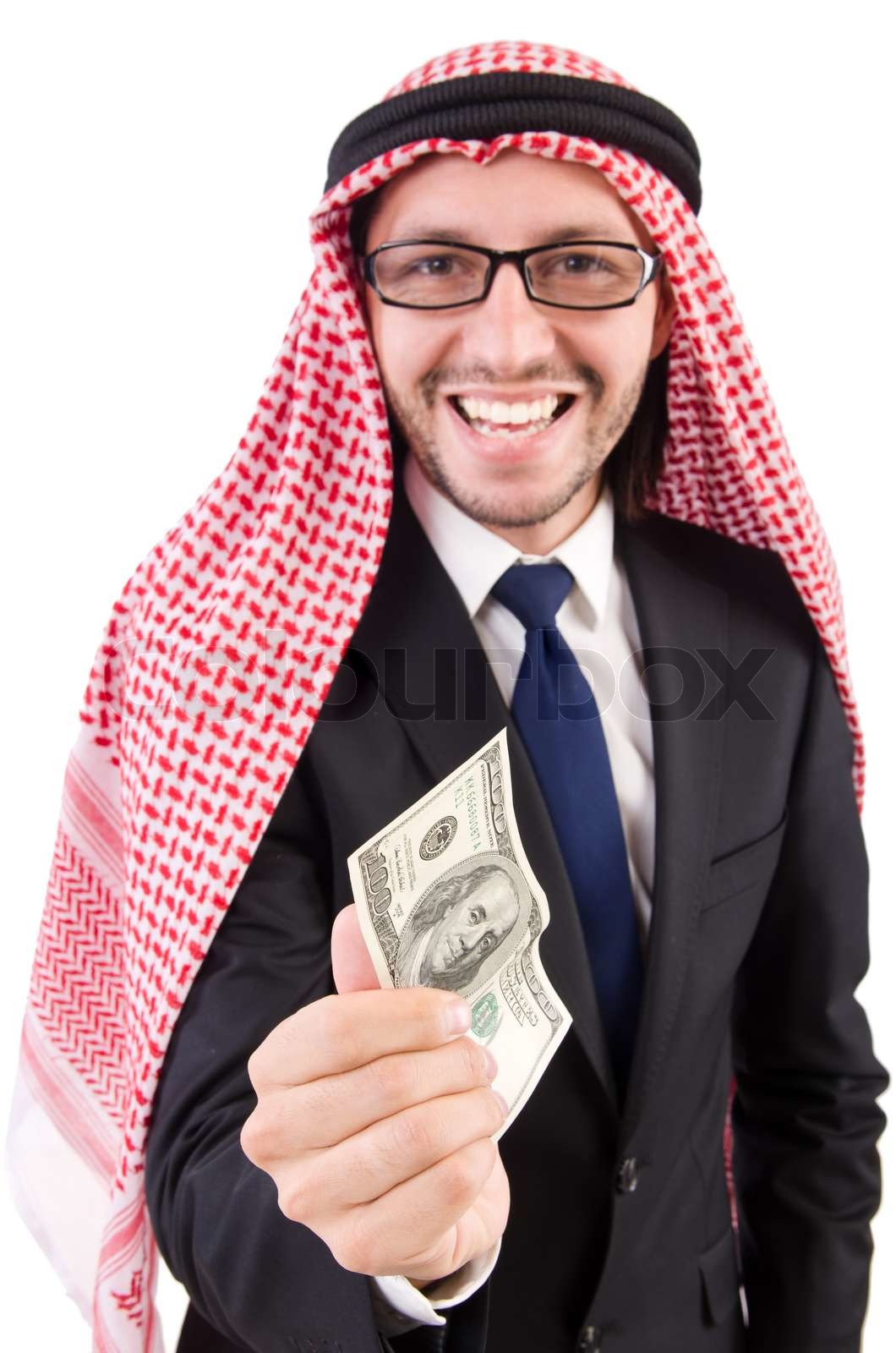 Arab businessman with dollar isolated on white | Stock image | Colourbox