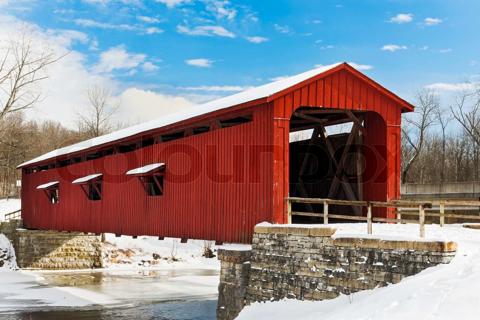 Red Covered Bridge with Snow | Stock image | Colourbox